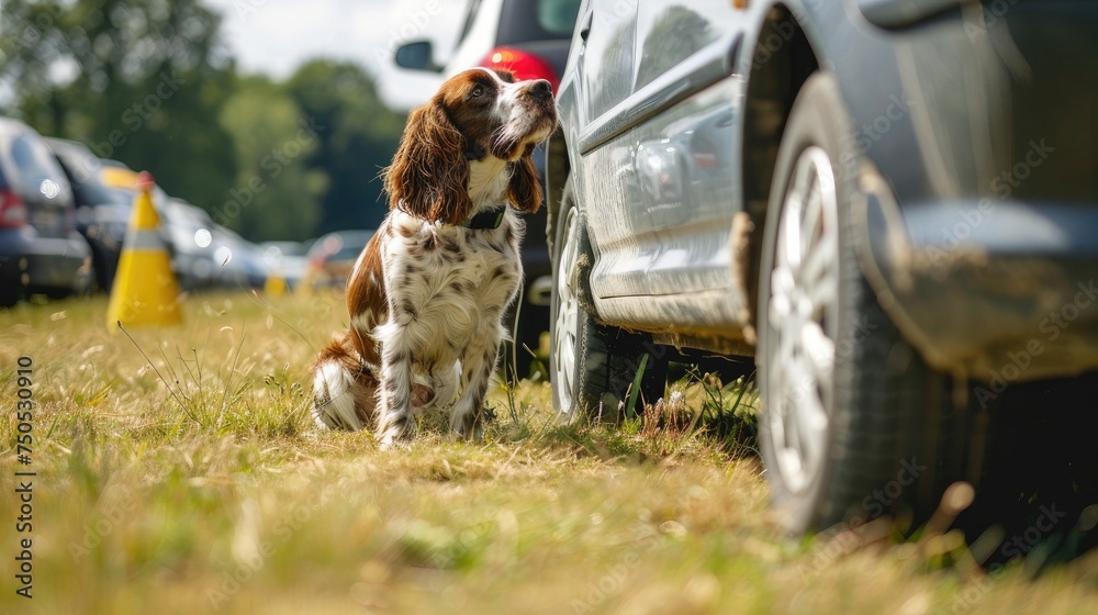A photo of a sitting English Spaniel dog sniffing a car in search of ...