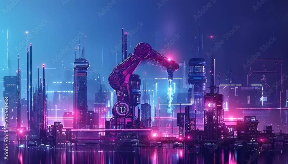 Futuristic robotic arm over a neon-lit cybercity with reflective water ...