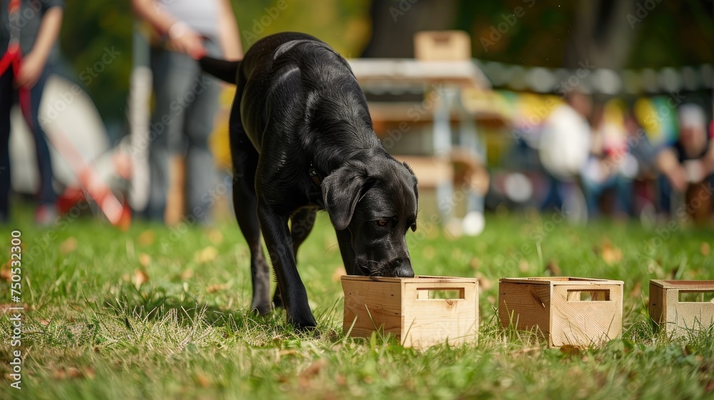 A photo of a black Labrador Retriever dog sniffing wooden crates in ...