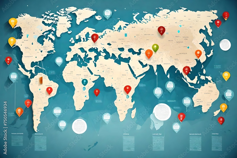 infographic vector world map with multiple locations. world map with color pointers and text ...