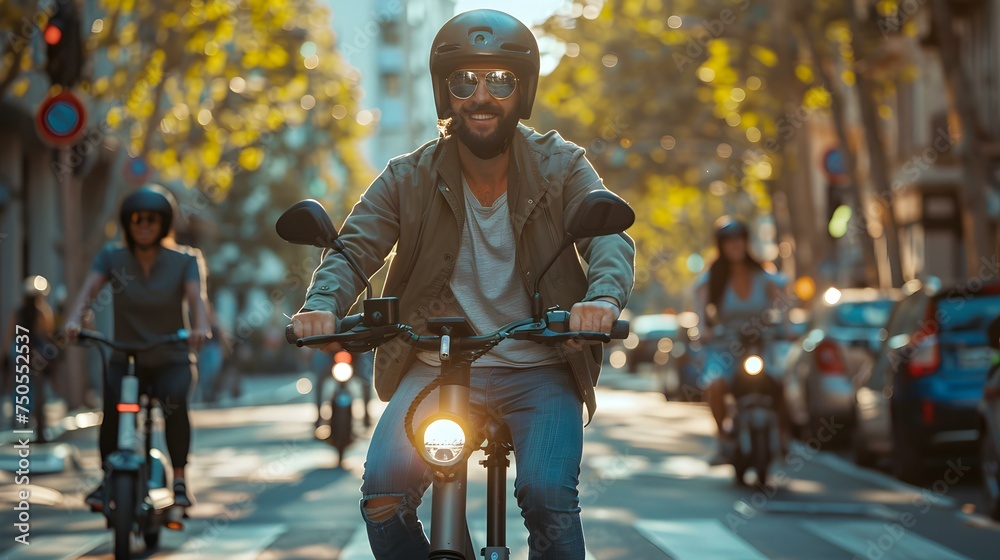 Urban commuters enjoying sustainable transport on electric bikes and ...