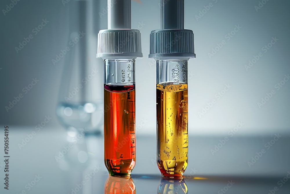 Two test vials, one with blood and one with urine, poised for ...