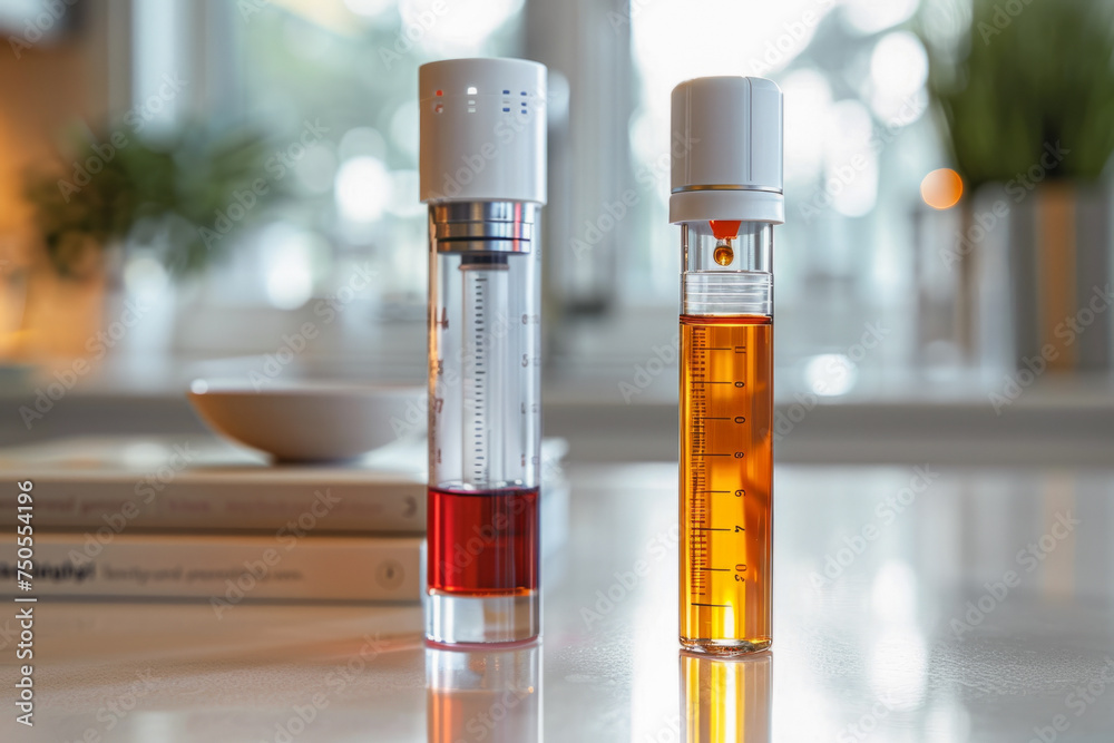 Two vials, one with red blood and the other with yellow urine, stand on ...