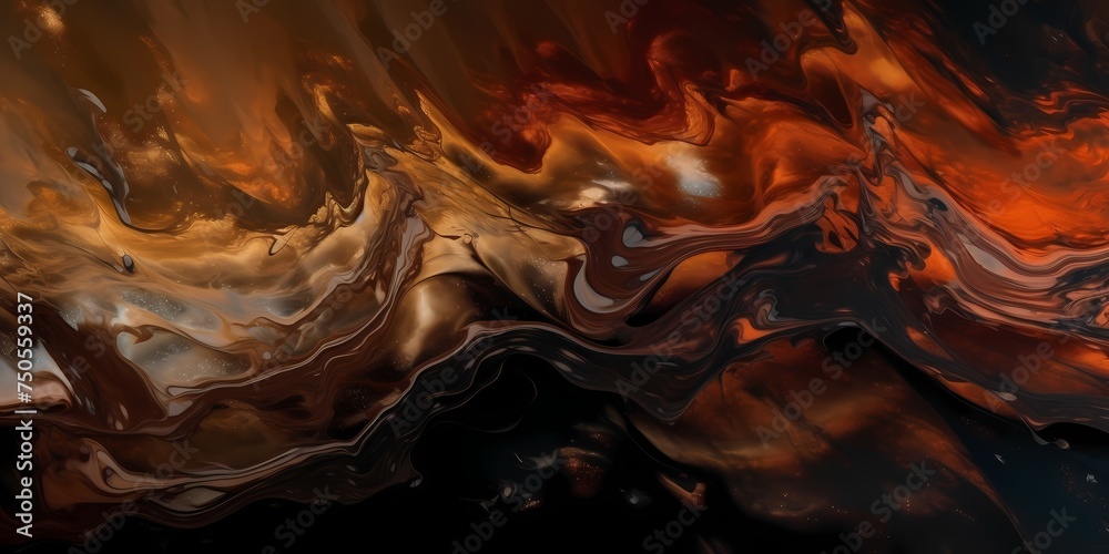 Liquid pools of fiery copper and velvety molasses converge, creating an ...
