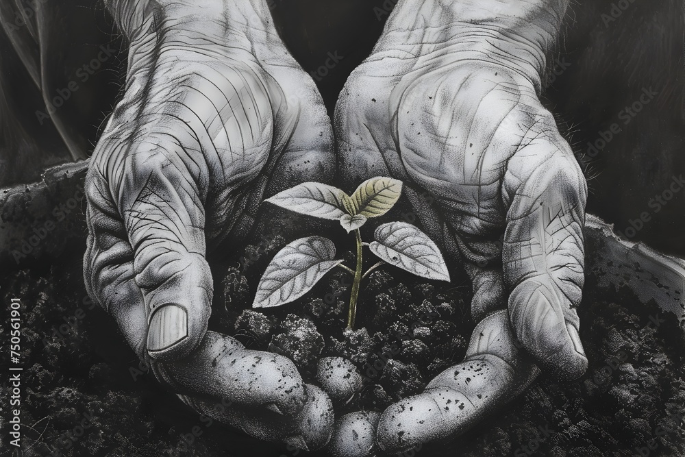 Hands Holding a Baby Tree A Black and White Drawing of Nurturing Growth ...