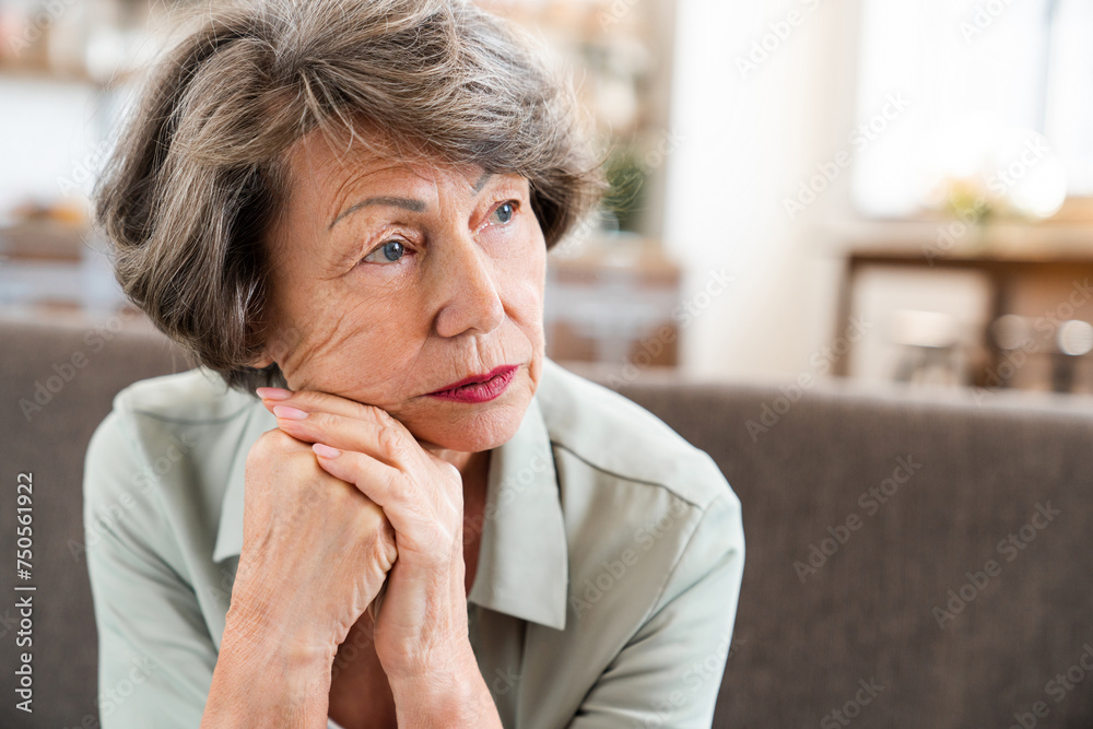 Sad tired exhausted caucasian old woman thinking about future past ...