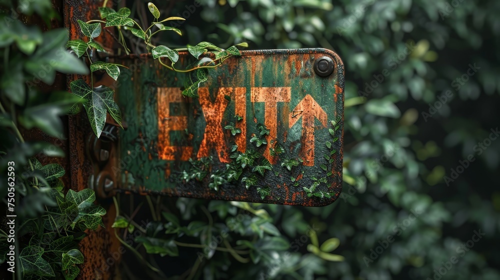 A rust-covered exit sign is gradually being engulfed by creeping ivy ...