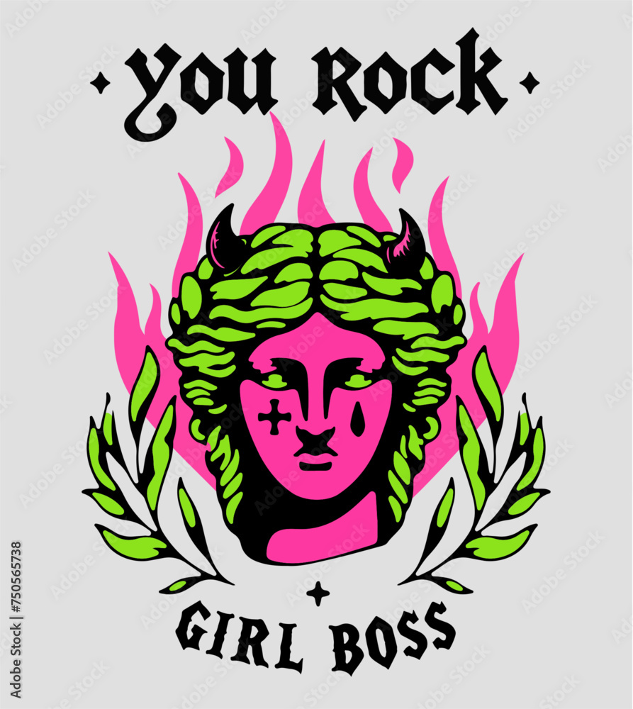 Drawing of a plaster head in flames with a hand-drawn "you rock, girl ...