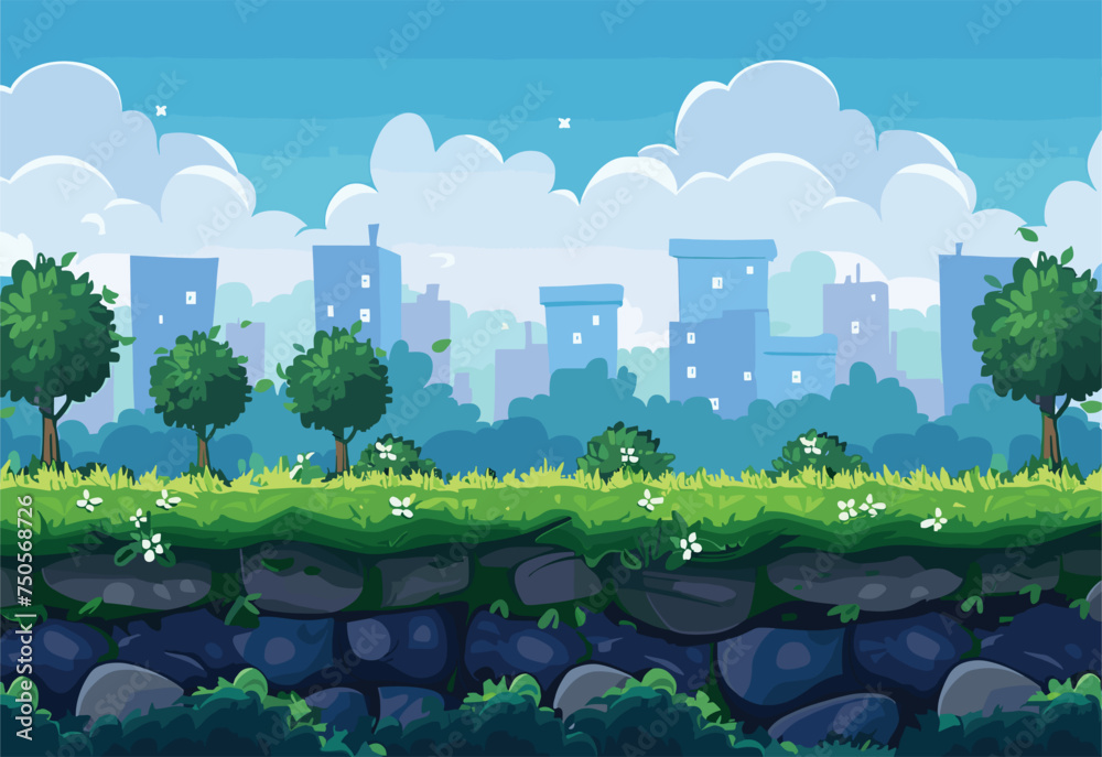 A cartoon daytime landscape with azure sky and natural scenery ...