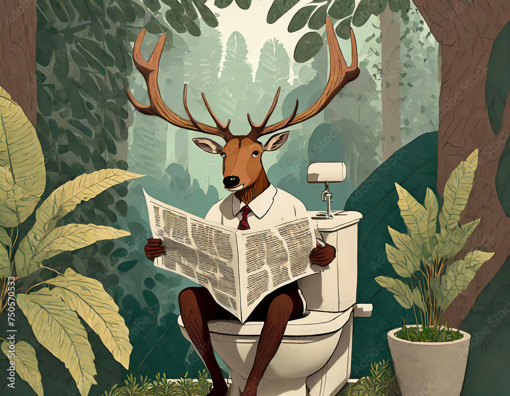anthropomorphic Deer in suit reading a newspaper sitting in the toilet ...