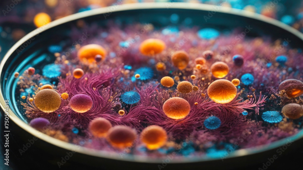 Laboratory glass petri dish with unusual multi-colored colonies of ...