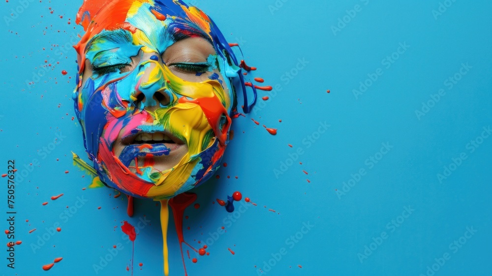 Abstract woman face with colorful paint texture on copy space blue ...