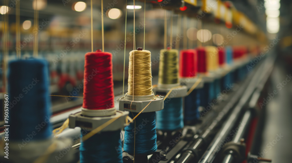 Inside a textile manufacturing factory, a circular knitting machine is ...