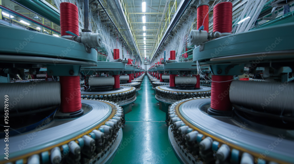 Inside a textile manufacturing factory, a circular knitting machine is ...