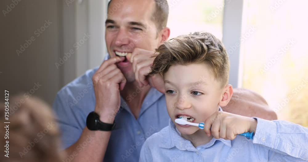 Close up, young dad use dental floss, little son brushing teeth with ...