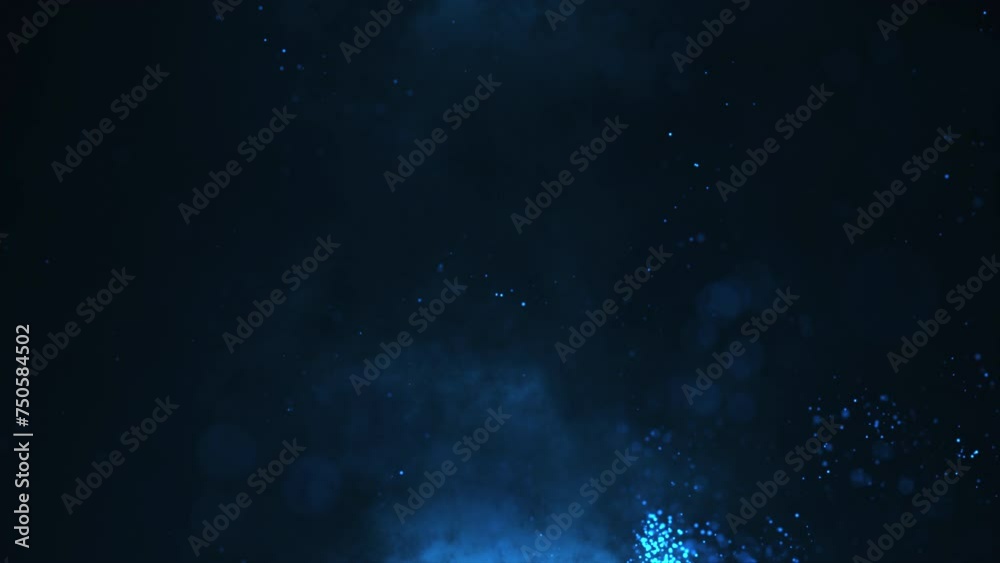 Blue fire particles rising up in the night sky. Bright icy fire flakes ...