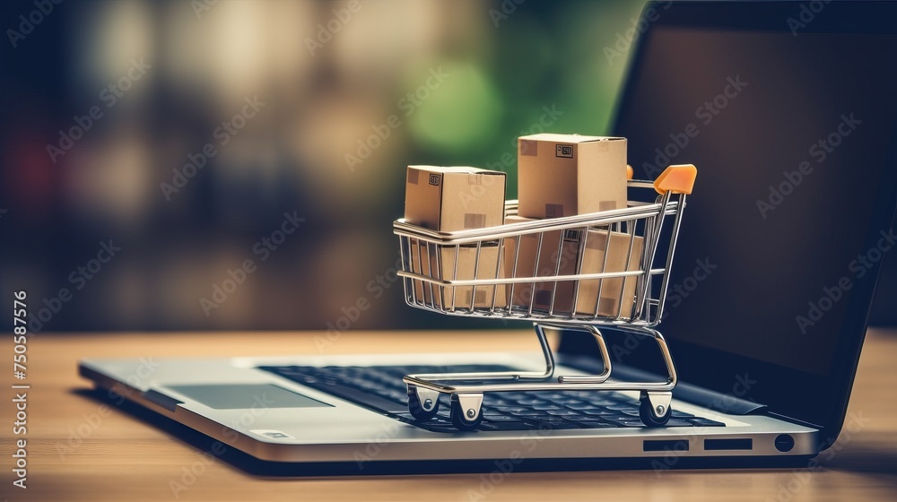 Paper cartons with a shopping cart or trolley logo on a laptop keyboard ...