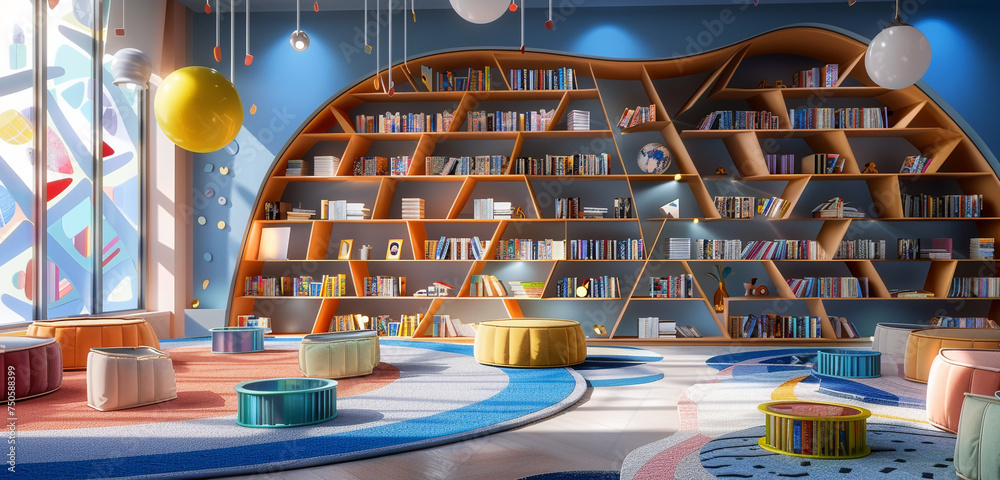 School librarian's haven with angular bookshelves, cozy curved reading ...