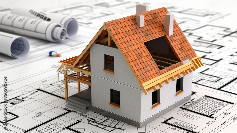 A new residential house in the midst of construction, with wooden ...