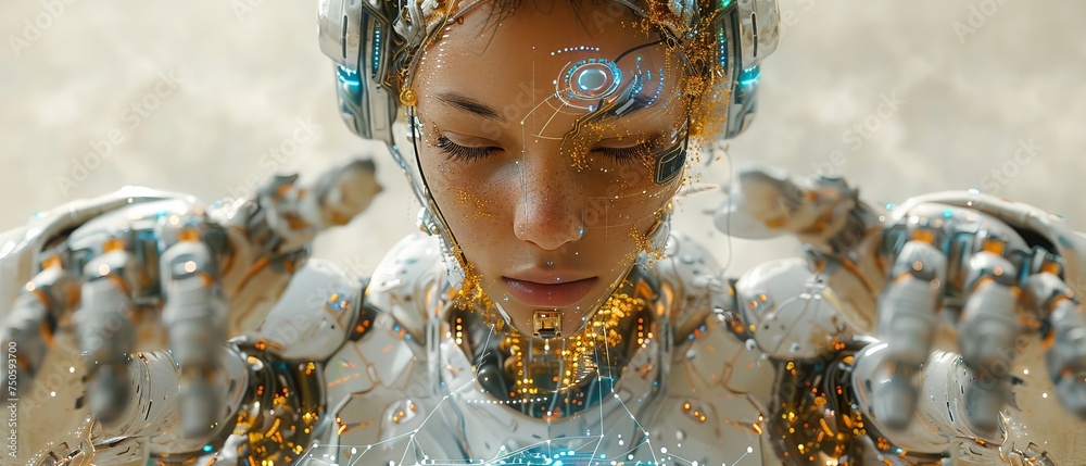 Artificial intelligence in image of female robot works with computer ...