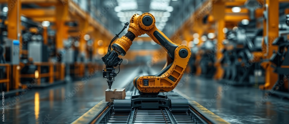 Industrial robots with AI work on smart warehouses. Robots place boxes ...