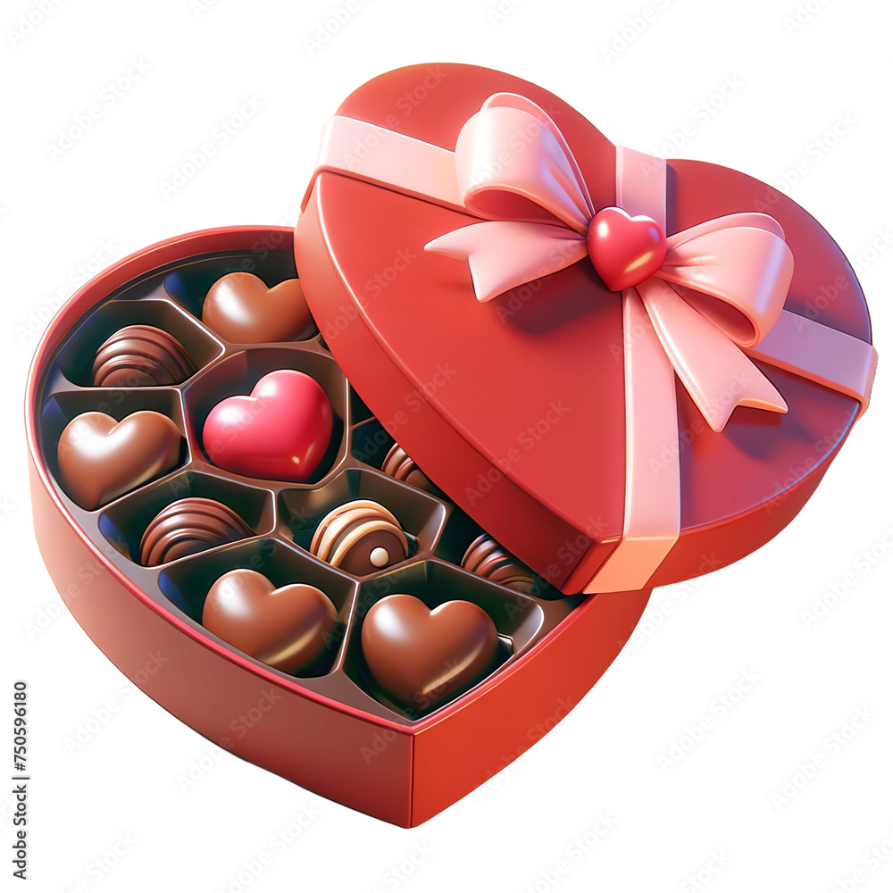 3D cartoon style heart-shaped chocolate box, half open with chocolates ...