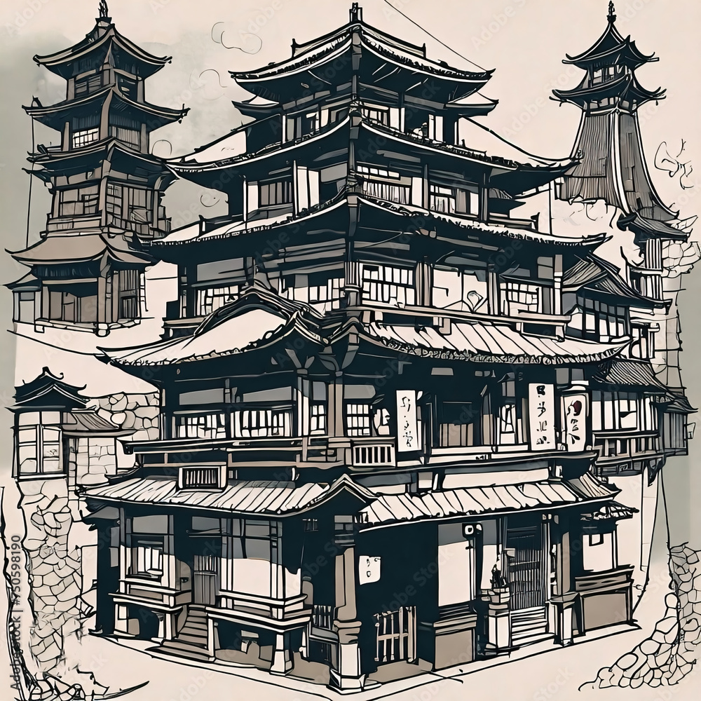Sketch design of japan buildings in hand drawn style-near river and ...