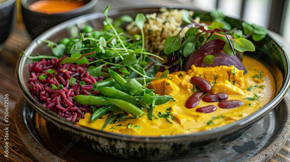 a food plate, a red rice, yellow dhal curry, finely chopped leafy ...
