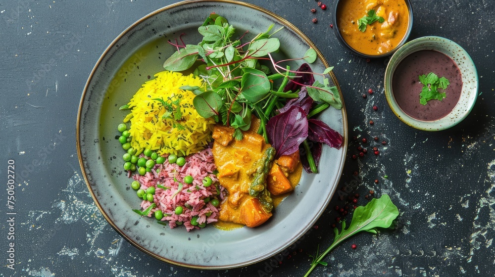 a food plate, a red rice, yellow dhal curry, finely chopped leafy ...