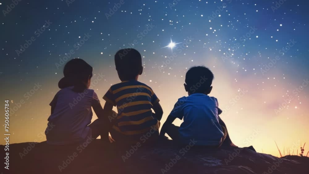 Children watch starry sky. Kids silhouettes against stars background ...