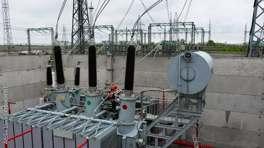 Bird's-eye view of a power transmission substation with equipment and ...