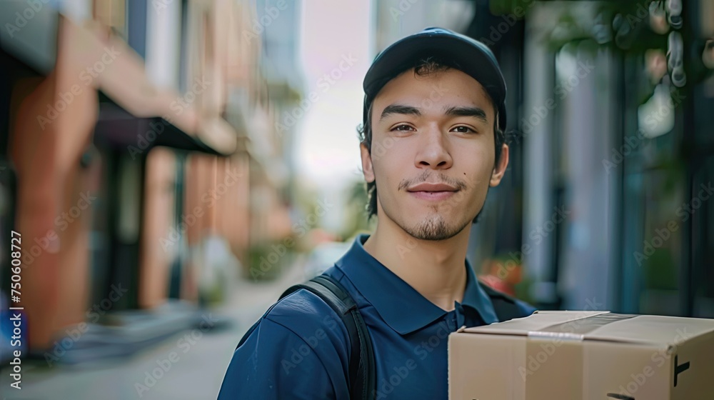 delivery service with a realistic photo of a delivery guy holding a ...