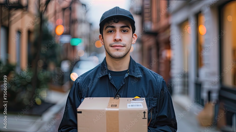 delivery service with a realistic photo of a delivery guy holding a ...