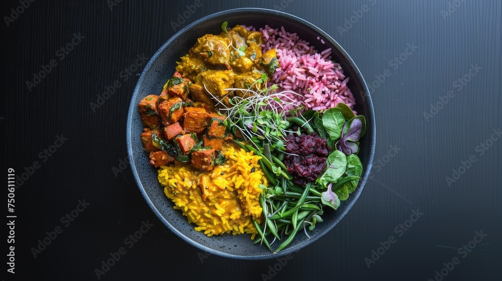a food plate, a red rice, yellow dhal curry, finely chopped leafy ...