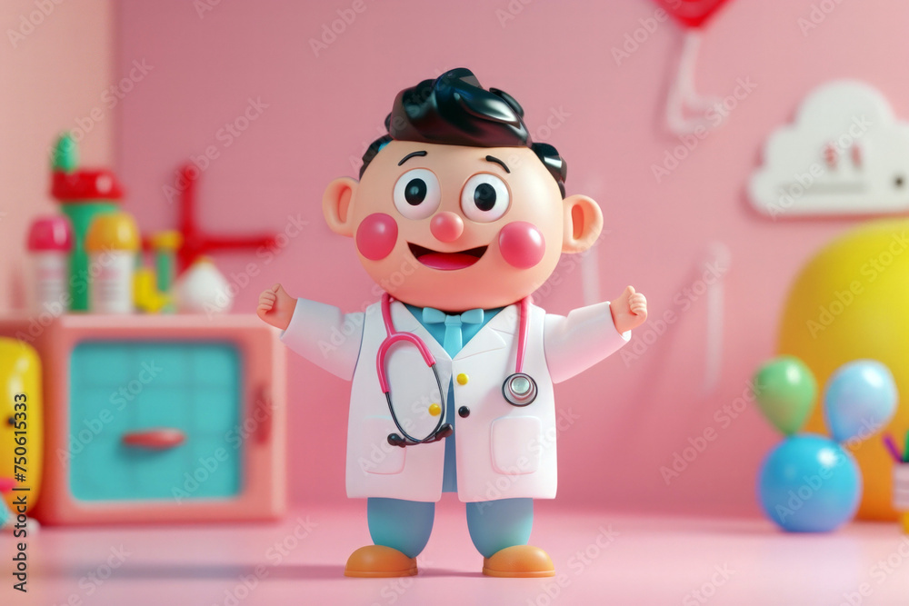 A cheerful 3D animated doctor dressed in a medical gown and a ...