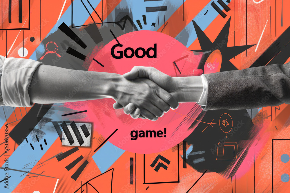 Handshake on dynamic abstract background with text 'Good game!'. Black ...