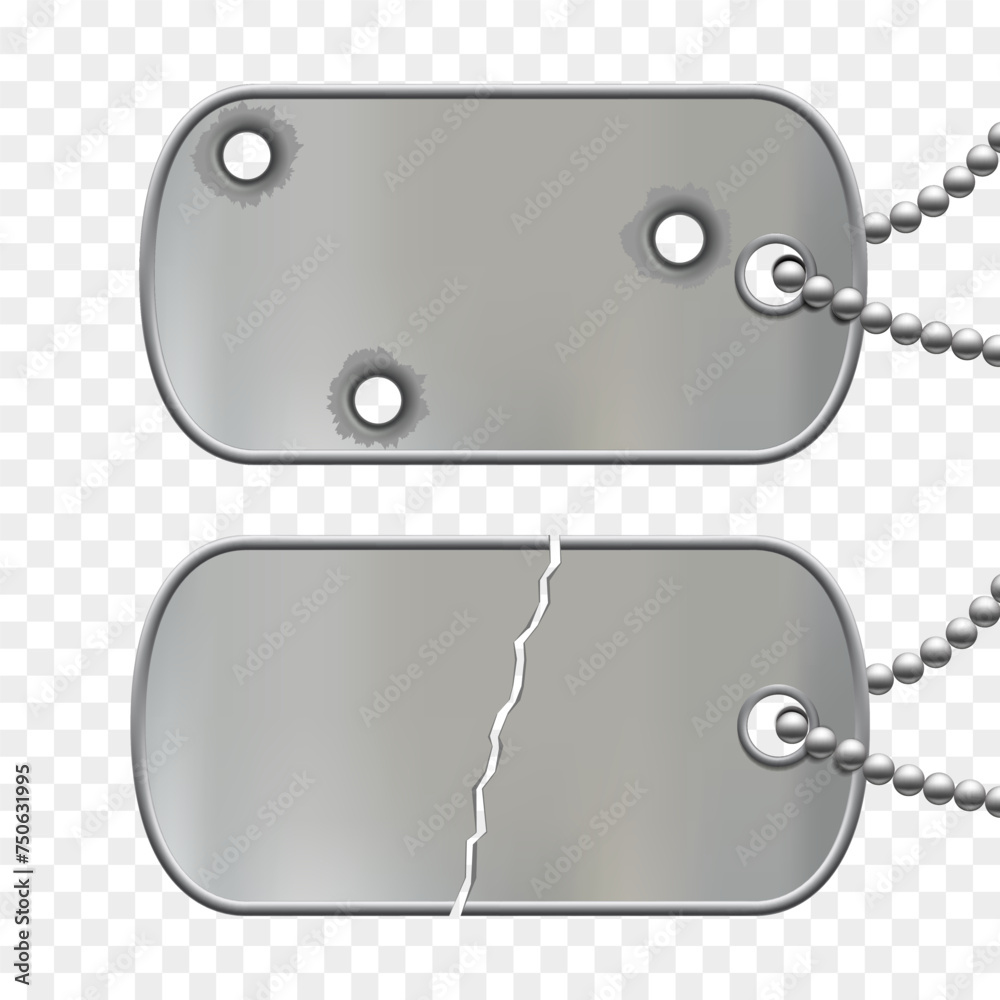 Military metal badge with chain. Damaged dog tags with cracks and ...