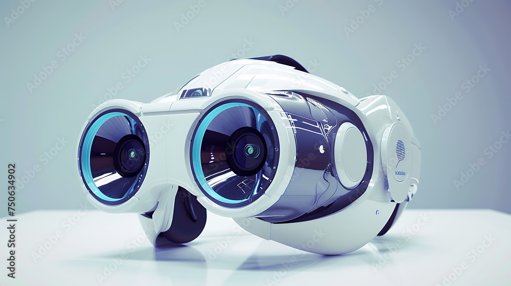 Futuristic virtual reality headset with a sleek design. The headset is ...