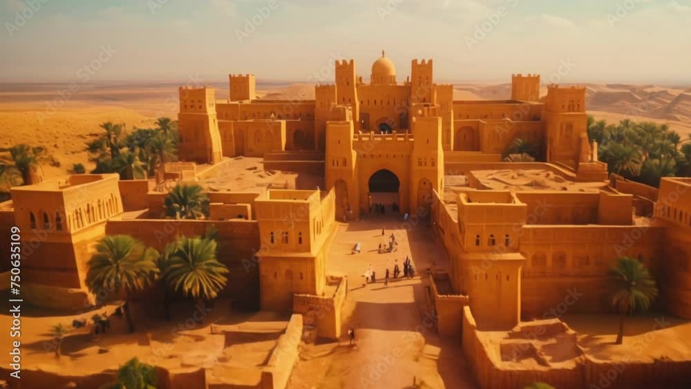 Ancient traditional architecture. Golden fortress in desert. Sandy ...