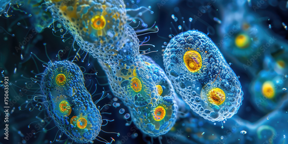 Abstract Microscopic Amoebas in Vivid Colors. Close-up 3D rendering of ...