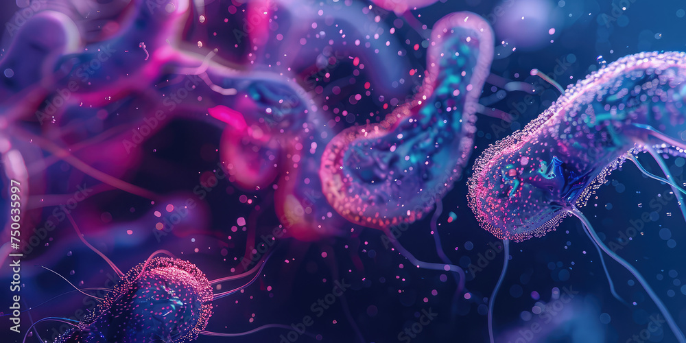 Abstract Microscopic Amoebas in Vivid Colors. Close-up 3D rendering of ...