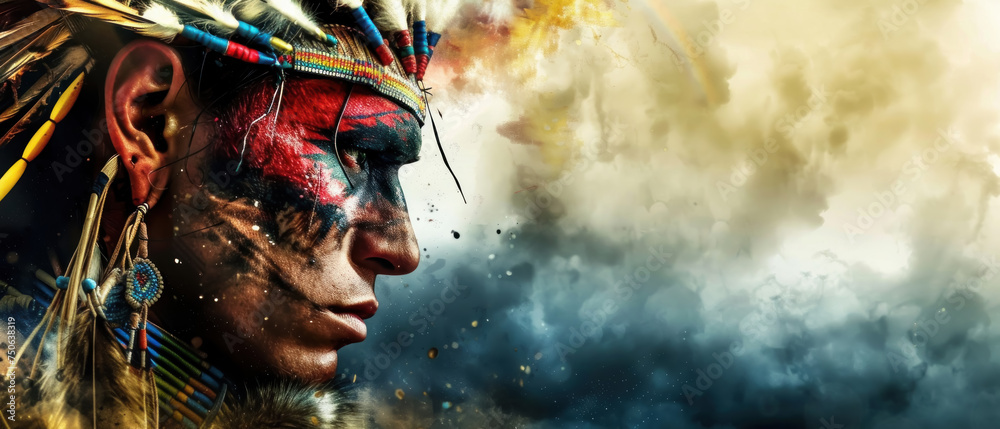 A powerful image of a Native American warrior in full regalia, face ...