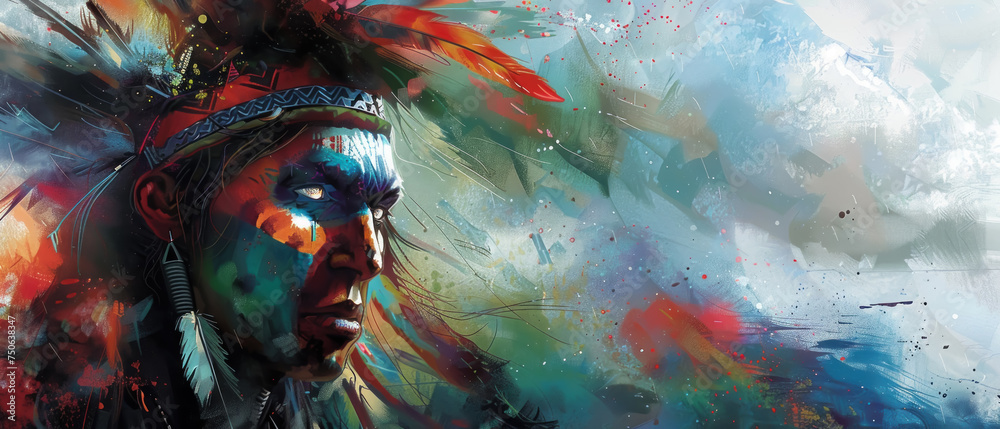 A powerful image of a Native American warrior in full regalia, face ...