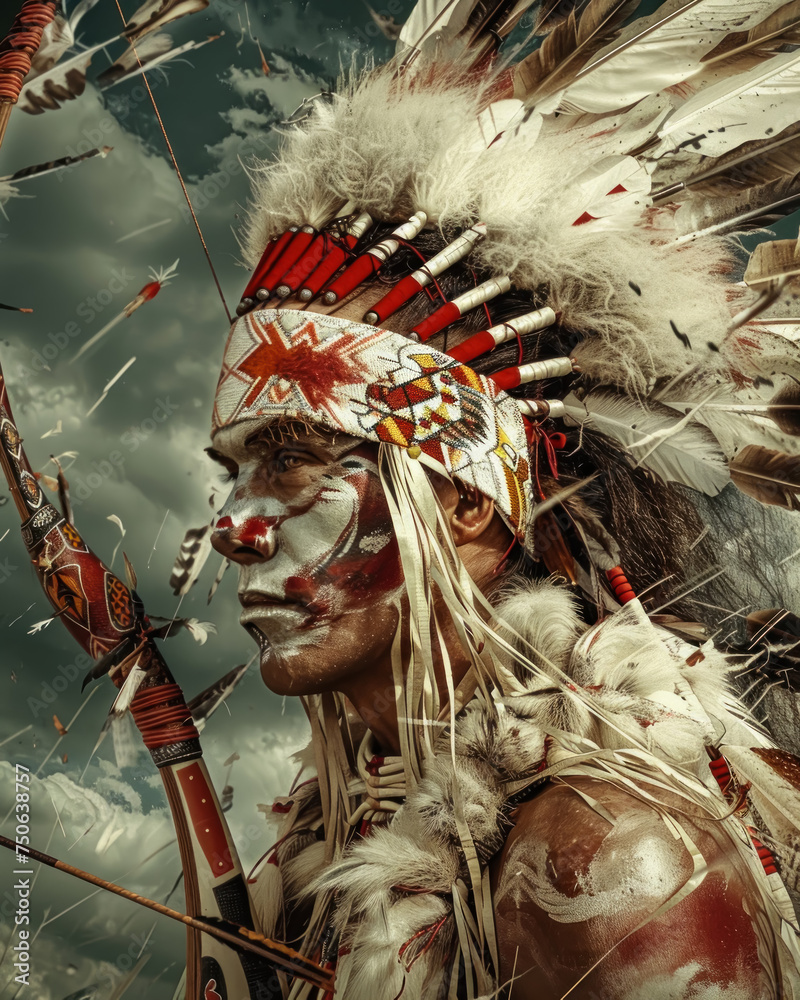 A powerful image of a Native American warrior in full regalia, face ...