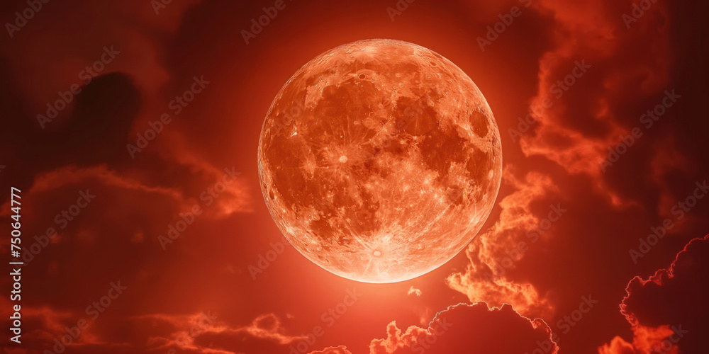 Eerie Halloween scene with a blood-red moon in a mystical, cloudy sky ...