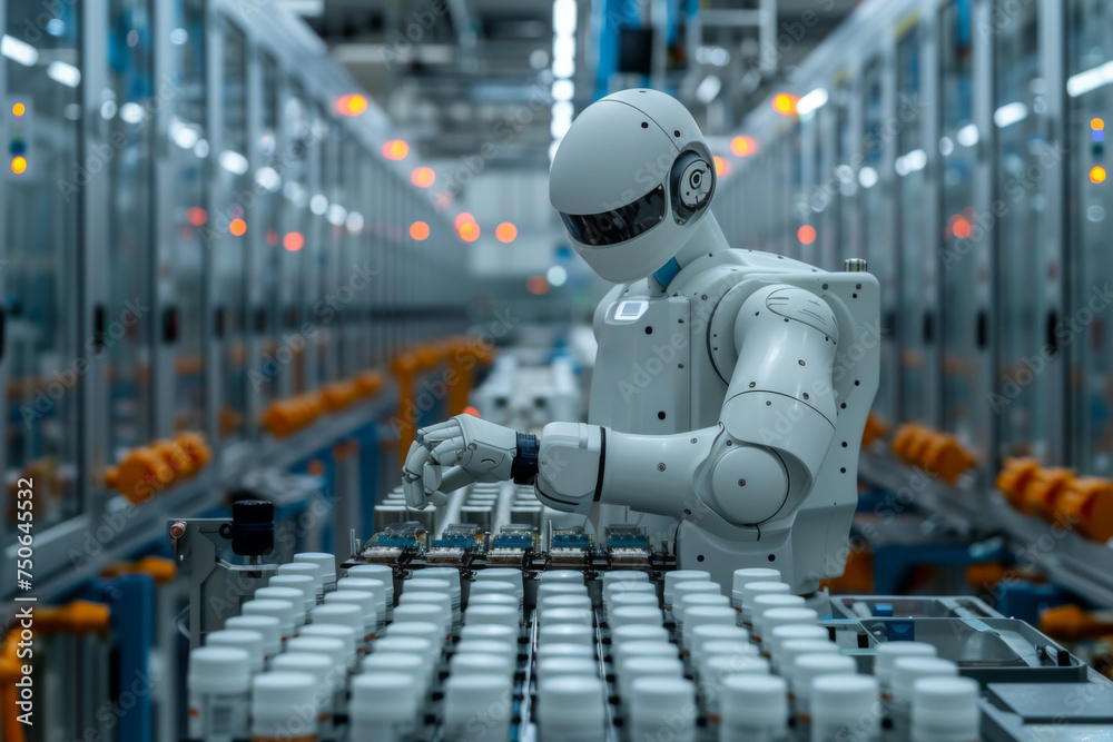 Futuristic industrial robots operating on a factory floor for ...