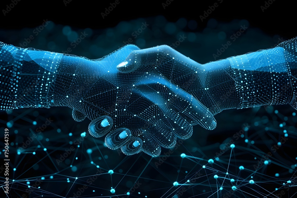 Abstract low poly agreement handshake. isolated on blue dark background ...