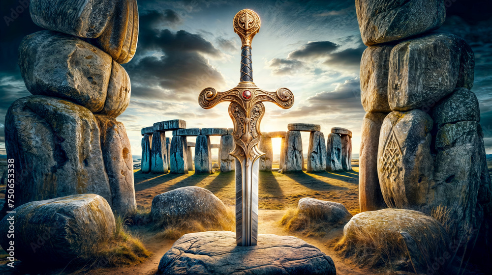 Excalibur - The Sword in the Stone. Majestic, ornate sword stands ...