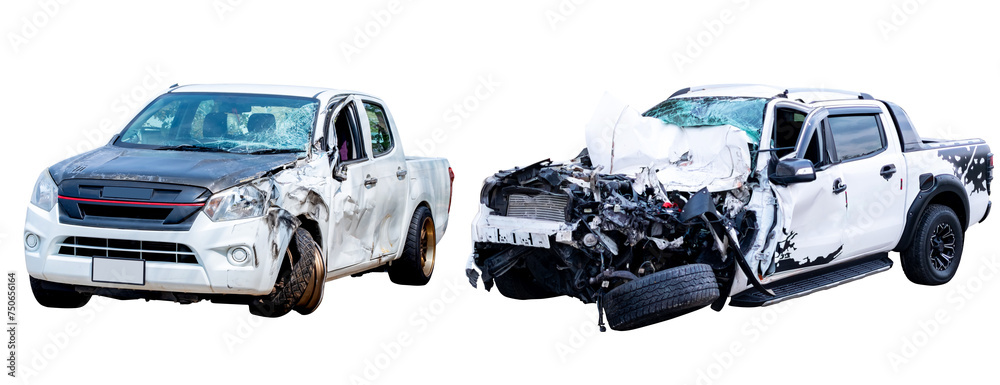Car crash, Front and Side view of white pickup car get hard damaged by ...