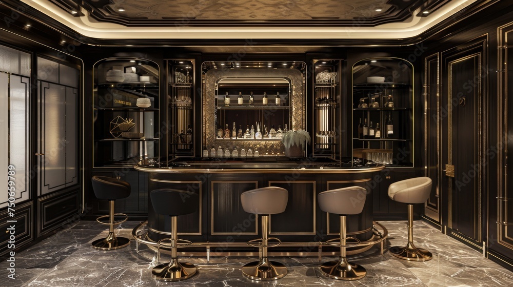 An opulent home bar design featuring sophisticated dark wood paneling ...